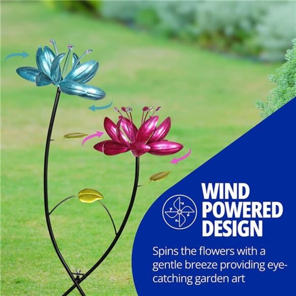 Accents | Wind Spinner Lotus Flower Garden Stake With 2 Flowers 19 X 47 ...
